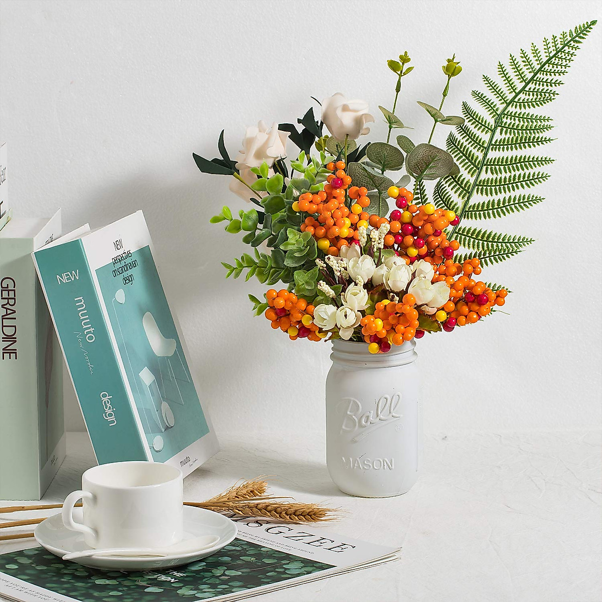 Whaline Autumn Orange Berry Twig Stem, 12 Pack Artificial Orange Berry Picks for Fall Decor, Christmas Tree Decorations, Crafts, Wedding, Holiday Home Decoration