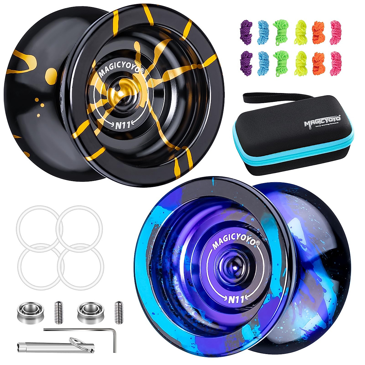 MAGICYOYO Professional Unresponsive Yoyo N11 Pack of 2, Alloy Metal Yoyo for String Trick, Dual Purpose Yoyo with 12 Yoyo Strings + 2 Bags + 2 Flat Bearings + Axle + Bearing Removal Tool