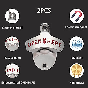 Luwanburg Stainless Wall Mounted Magnetic Beer Bottle Opener- Silver Magnetic Bottle Cap Opener Mountable (Pack of 2)