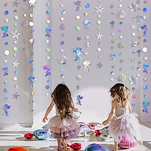 40 Ft Iridescent Mermaid Garland with Jellyfish Seashell Starfish Pearl Holographic Paper Streamer for Little Mermaid Rainbow Theme Birthday Bachelorette Baby Shower Under The Sea Party Decorations