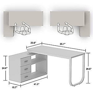 FUFU&GAGA 55.1" Large L-Shaped Office Desk with 41.3" File Cabinet, Corner Computer Desk with 3 Drawers & 2 Shelves, Workstation Executive Desk with Storage Shelf for Home Office (White)