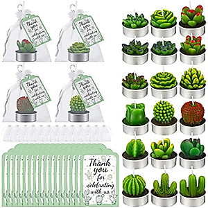 18 Pcs Succulent Cactus Candles Bulk Succulent Candle Scented Tealight Candles Succulent Decorative Tealights 20 Thank You Gift Tag 20 Organza Bags for Gifts Party Favors Baby Shower (Green Card)