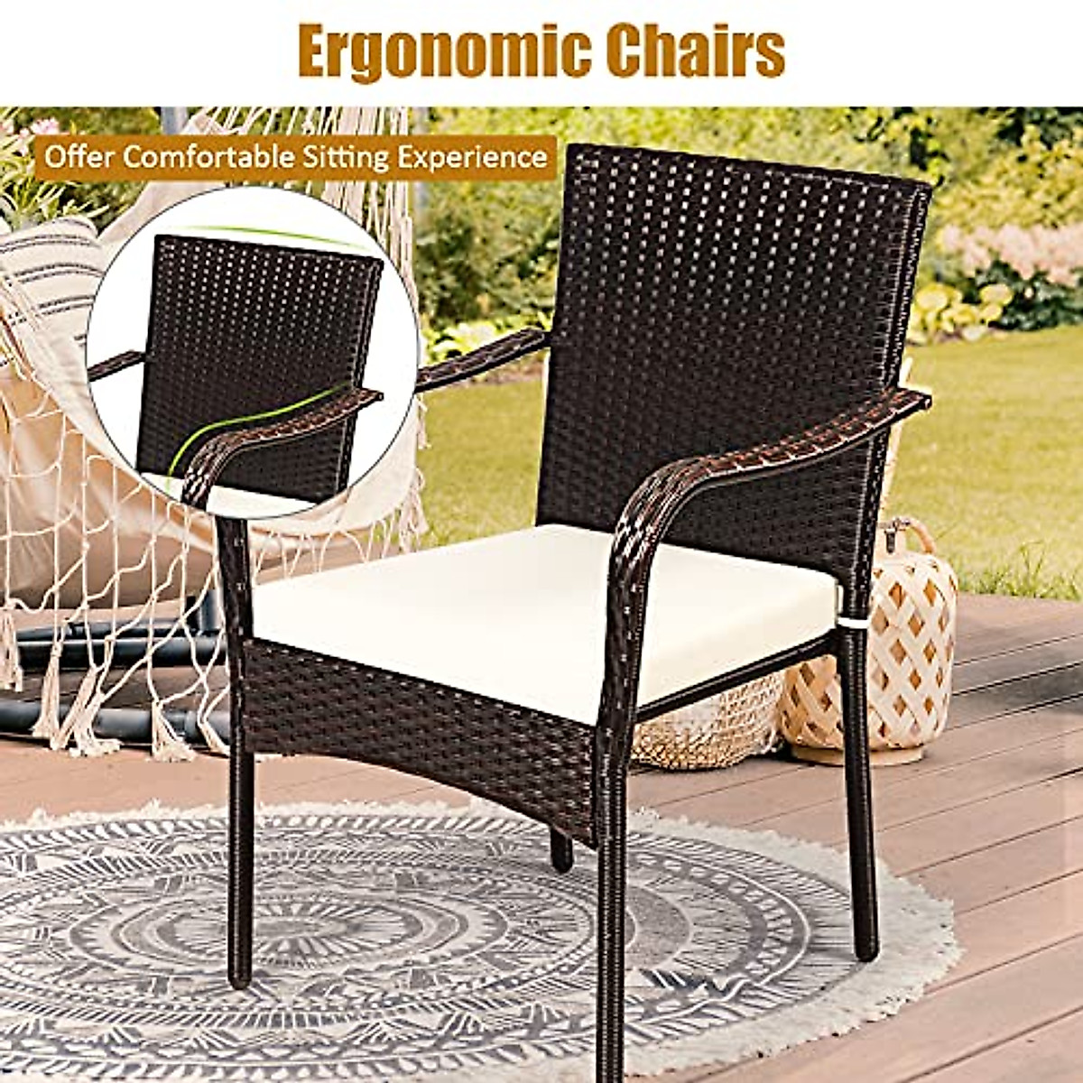 Tangkula Set of 4 Patio Dining Chairs, All Weather Stackable Rattan Chairs with Removable Cushions and Armrests, Outdoor Bistro Wicker Dining Chair Set for Balcony Poolside Backyard (Brown)