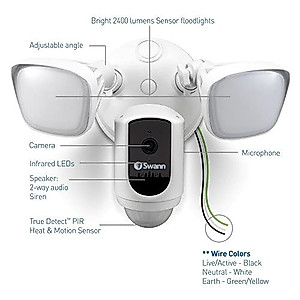 Swann Wi-Fi 1080p Waterproof Motion Activated FloodLight Camera with Night Vision, Heat Sensing, 2-Way Talk, Dimmable 2400 Lumens, Wide 125 Degree Viewing, Free Cloud & Local Recording