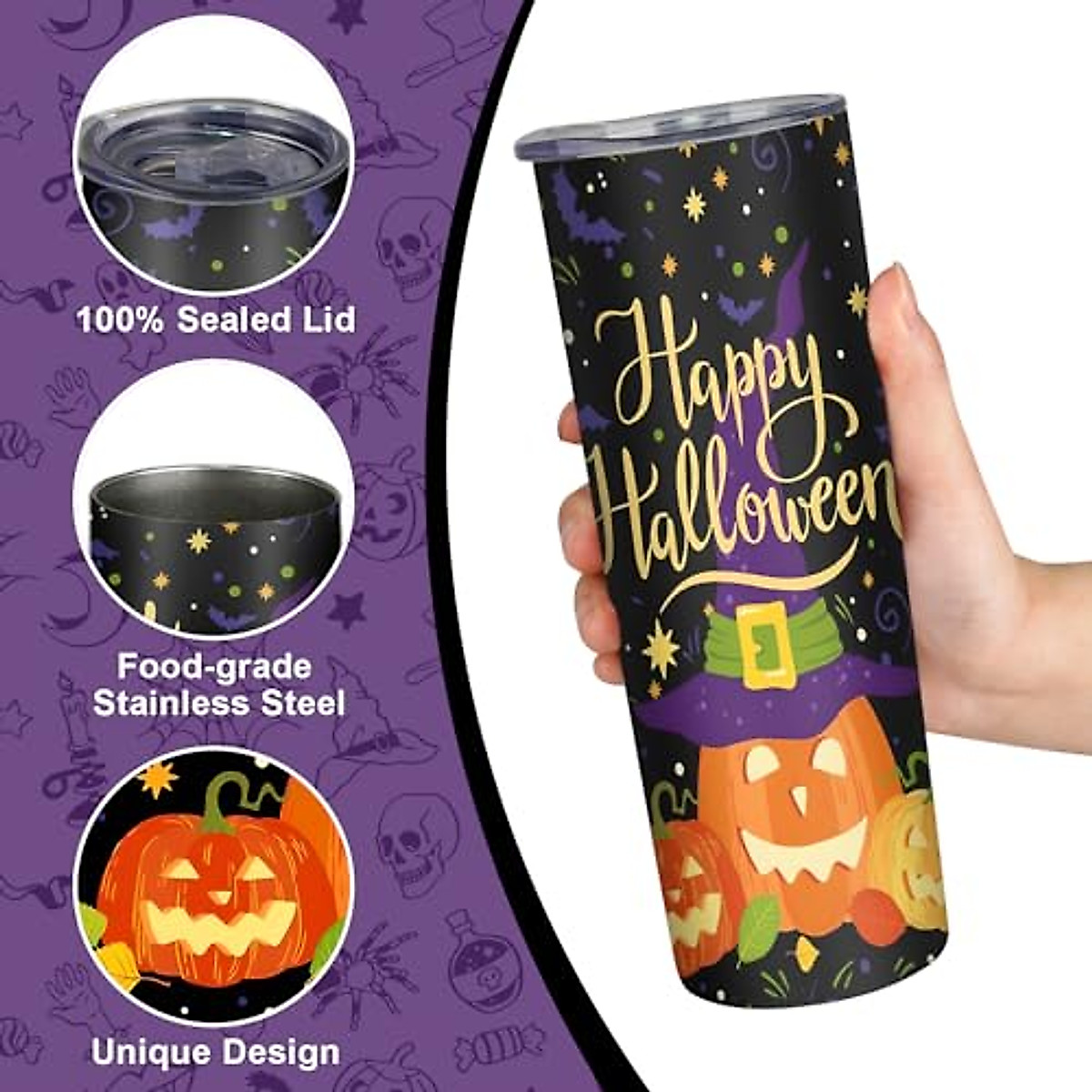 ysnifeiw 20oz Halloween Skinny Tumbler with Lid and Straw, Stainless Steel Insulated Gohst Pumpkin Cup Halloween Skeleton Coofee Mug Gifts for Women Men