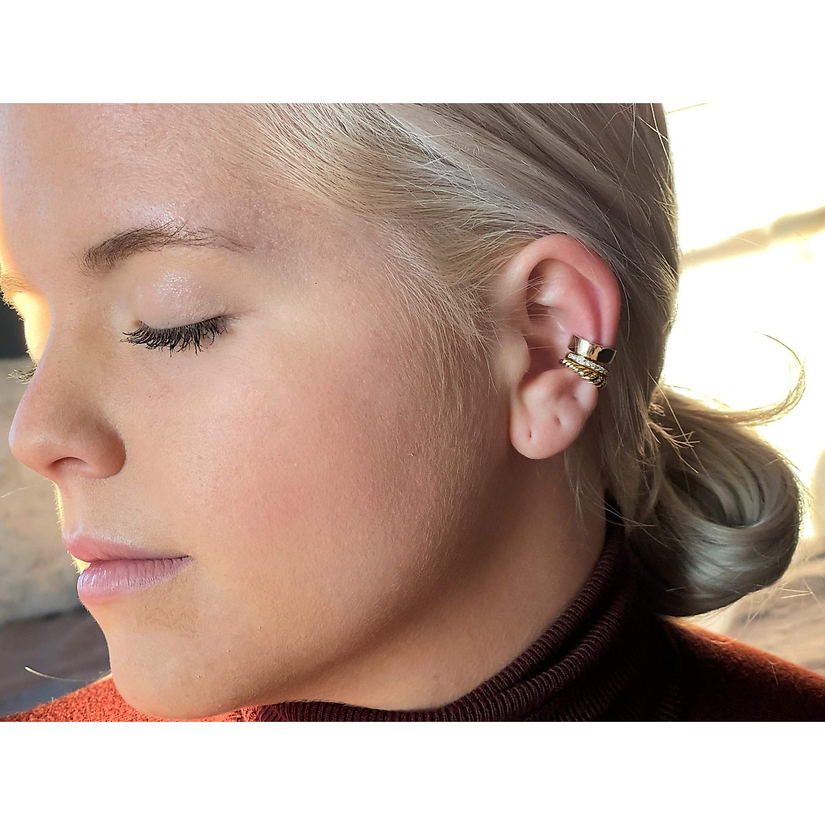 925 Sterling Silver 18K Gold Plated Huggie Ear Cuff for Women | Clip on Cartilage | Set of Three Ear Wraps | Bold Essentials