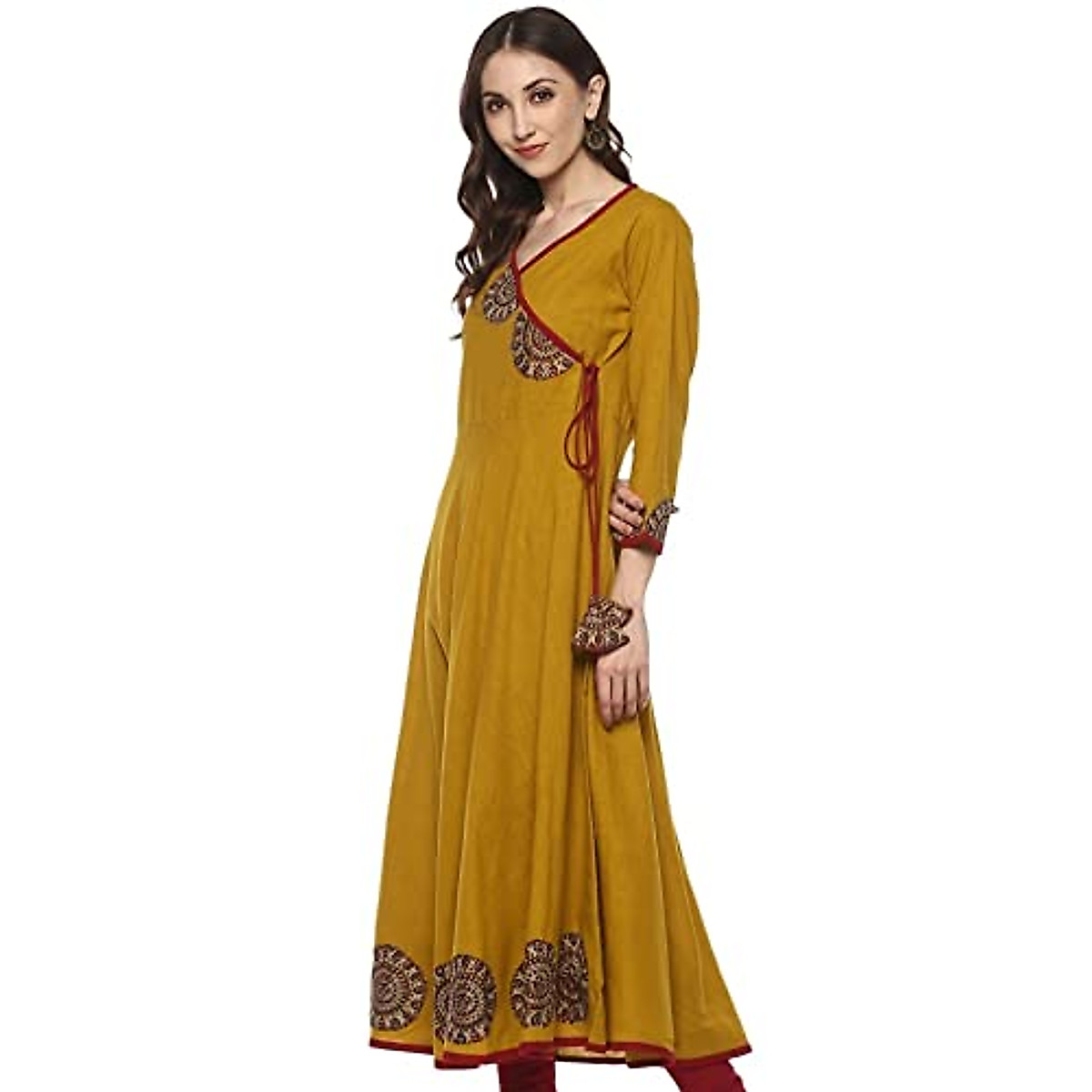 Yash Gallery Women's Cotton Slub Patch Work Angrakha Kurta (Yellow)