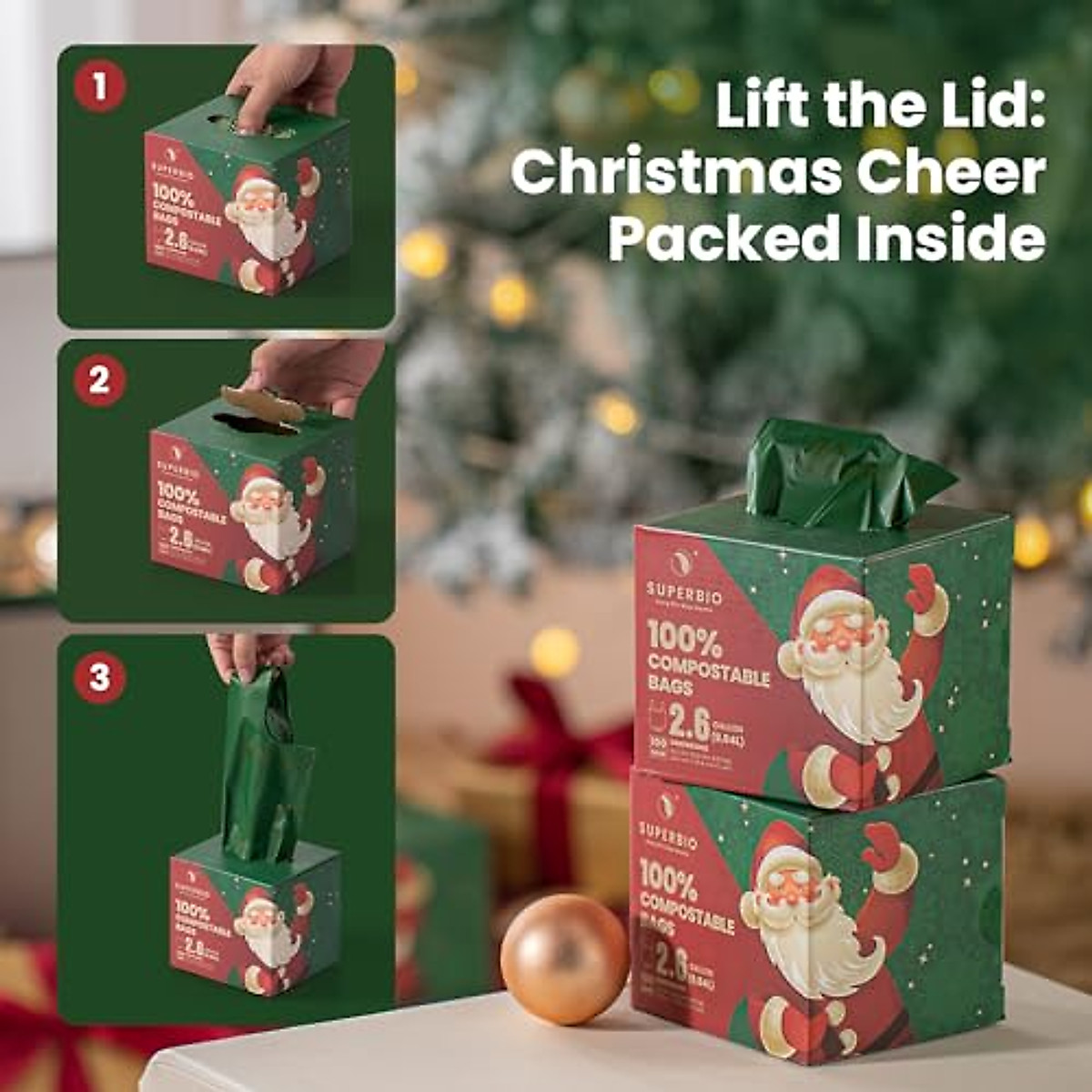 SUPERBIO 2.6 Gallon Compostable Handle Tie Food Waste Bags, 100 Count, 1 Pack, Christmas Gift Package,Christmas Special Edition
