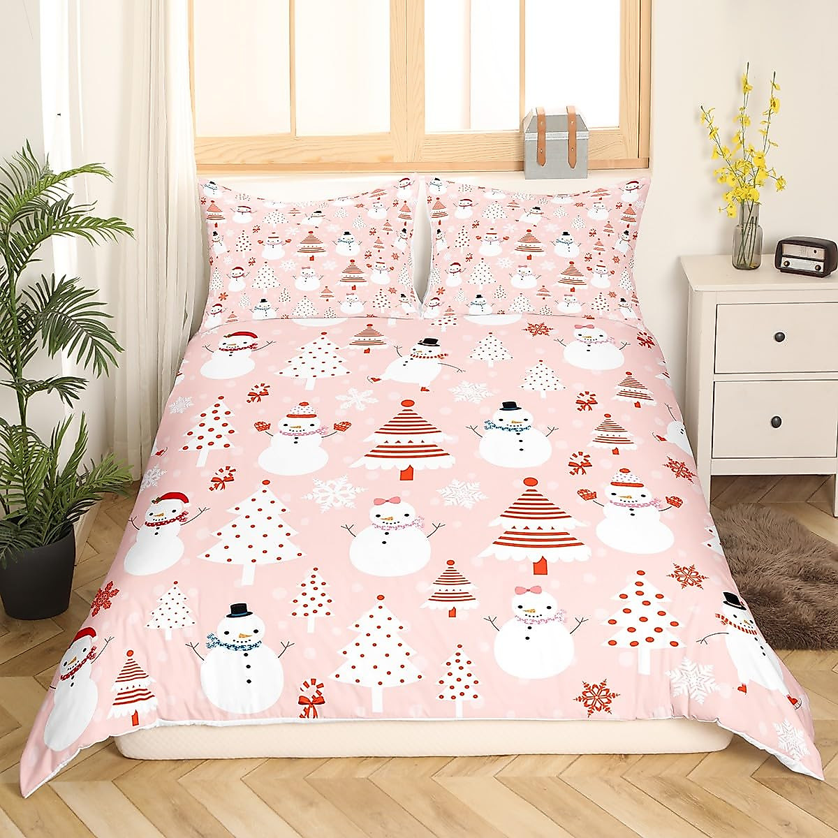 Christmas Kids Bedding Set Cartoon Snowman Bedding Duvet Cover Set for Boys Girls Christmas Tree Decor Comforter Cover Set Pink Dots Xmas Theme Bedspread Cover Bedroom Quilt Cover 3Pcs Queen Size
