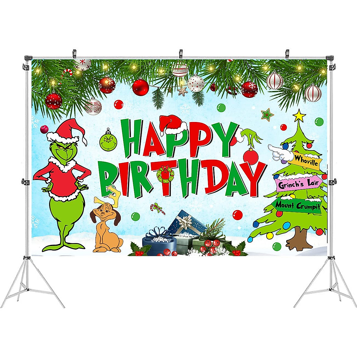 Christmas Birthday Party Decorations, 5x3 Ft Happy Birthday Backdrop for Kid Party Supplies Happy Birthday Banner Cartoon Themed Party Decorations Photography Background