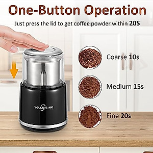 Telcuisine Coffee Bean Grinder, 200ml Small Coffee Grinder Electric Espresso Grinder with 304 Stainless Steel Blades for Beans, Nuts, Herbs, Grain and Salt, Spice Grinder with Cleaning Brush, 200W