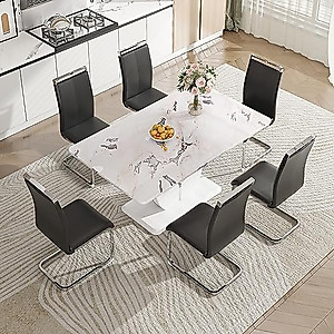 LKTART 63'' White Dining Table Imitation Marble Grain Kitchen Table for Kitchen Dining Room Meeting Room