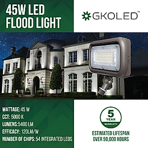 GKOLED 45W Outdoor Security LED Flood Lights 120-277V, Waterproof, 150W PSMH Equivalent, 5400 Lumens, 5000K Daylight White, 70CRI, UL-Listed, 1/2" Adjustable Knuckle Mount