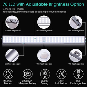 YIGER 78 LED Closet Lights (2 Pack), Under Cabinet Lighting, Rechargeable LED Night Light, Motion Activated. Ideal for Closet, Cabinet, Kitchen,Wardrobe,Cupboard,Hallway,Pantry,etc