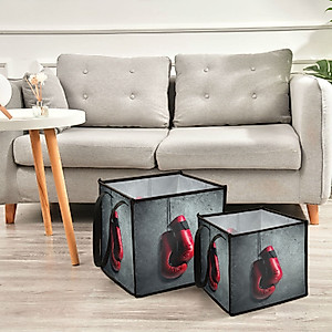 Poeticcity Red Boxing Gloves Hanging on Wall as Retirement Concept Square Storage Basket Bin, Collapsible Storage Box, Baskets Organizer for Toy, Clothes Easy to Assemble 10.6x10.6x10.6 in