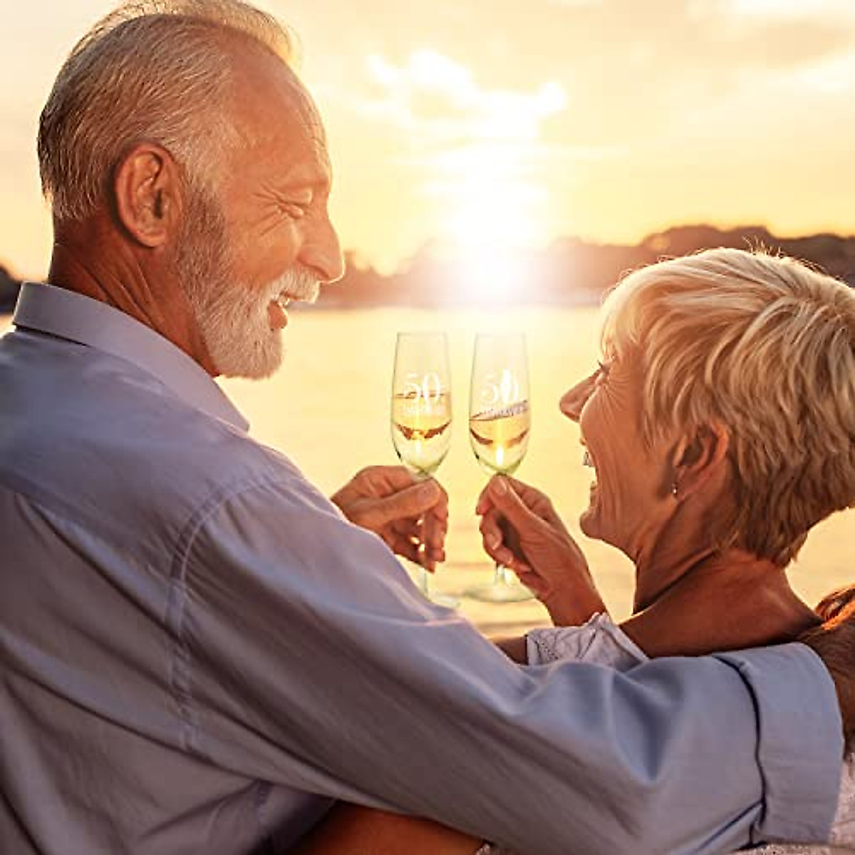 50th Anniversary Champagne Flutes for Couple by S&O. Set of 2 Wedding Anniversary Champagne Flutes. Giftable Wine Glasses for Parents. 8 oz Engraved Champagne Glasses. Gift for Married Couples