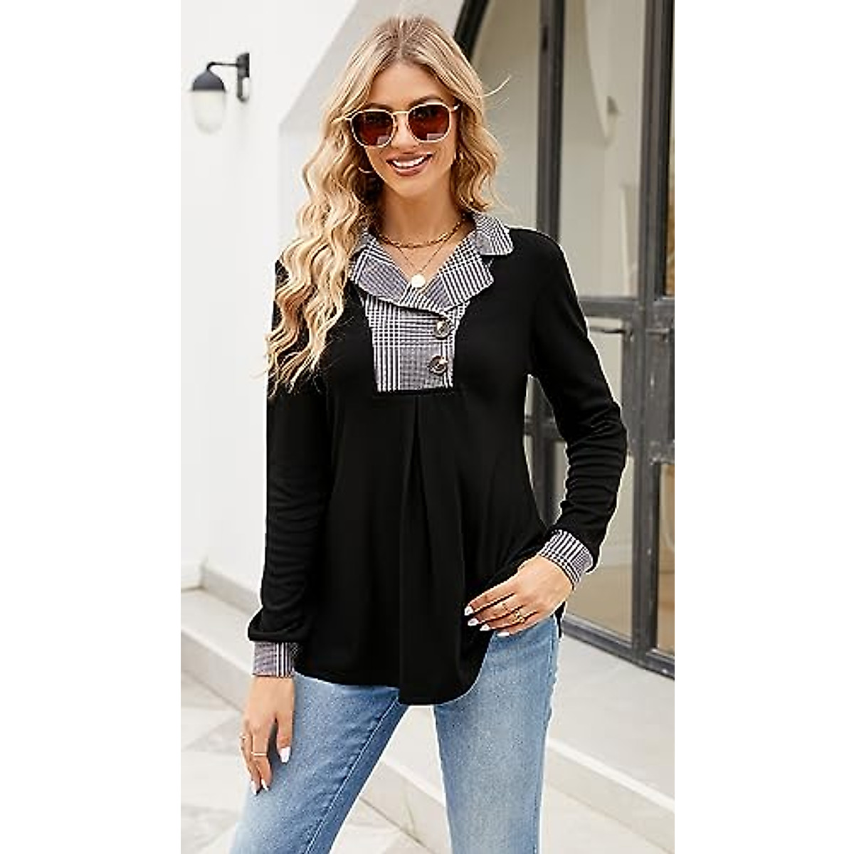 Newchoice Women Tunic Sweatshirt Work Summer Lapel Collar Long Sleeve Shirt Sweatshirts Pullover Blouse Tops(01Black White.XL)