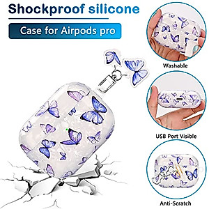 Cute Airpod Case with Butterfly Pendant, Kawaii Dreamy Blue Butterfly Shell Design Soft Shockproof Protective Cover Compatiable with Airpods Pro Case for Girls and Womens