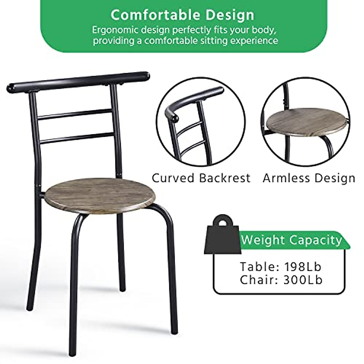 Yaheetech 3 Piece Round Dining Table Set Kitchen Breakfast Table Set for 2 Dining Table with 2 Chairs Space Saving Table Set w/Metal Frame, Wine Rack for Small Space/Apartment, Drift Brown