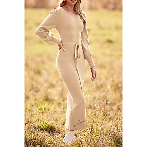 PRETTYGARDEN Women's Fall Knit Pullover Sweater Dress Elegant Long Lantern Sleeve V Neck Winter Maxi Bodycon Dresses (Apricot,Medium)