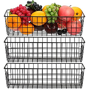 Hedume 3 Pack Metal Wire Storage Organizer Basket, 16.2" x 6.3" x 4.4" Bin Basket with Handles, Versatile Organizer for Kitchen, Pantry, Closet, Laundry Room, Cabinets, Bathroom - Black