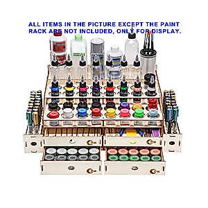 OPHIR Wooden Paint Rack Pigment Inks Storage Organizer with 32 Bottle Holes, 36 Marker Pen Cases, 4 Cabinet Drawers, Suitable for Tamiya GSI AV Paints and Model Tools