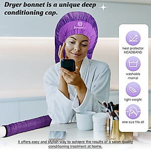 Bonnet Hair Dryer Attachment - Bonnet Hood Dryer with Headband that Reduces Heat Around Ears and Neck, Use for Hair Styling, Hair Drying, Curling and Deep Conditioning (Purple)