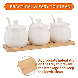 Sugar Bowls Set, Kitchenexus Condiment Jars Pots Set with Lids and Spoons Ceramic Salt Pepper Box Container, Canister Seasoning Box with Bamboo Tray 8.8 ounce/260 ml White