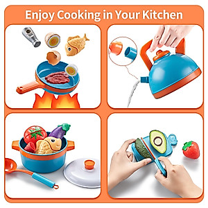 Laugigle Play Kitchen Accessories - 46Pc Kids Kitchen Playset with Kids Pots and Pans Playset, Pizza Toy, Play Food with Play Fruit Veggies, Kitchen Toys, Cooking Utensils Toy, Apron, Boys Girls Gift