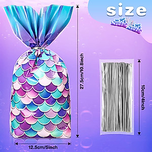 Frienda 100 Pcs Mermaid Party Favors Bags Goodie Candy Wide Bottom Cellophane Treat with Silver Twist Ties for Birthday Girls Supplies (Elegant Style)