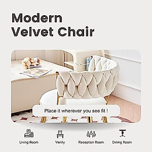 RHYNZEE Accent Velvet Dining Chair with Gold Metal Legs, Woven Modern Living Room Chairs Upholstered Side Chair for Bedroom Kitchen Vanity Guest Reception Room (Beige)