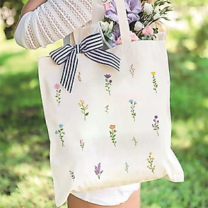 Kazova Floral Cotton Canvas Tote Bag Minimalist Bouquet Aesthetic Tote Bag Reusable Canvas Shopping Wildflower Botanical Flower Tote Bag gift for her