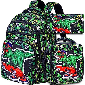 TXHVO 3PCS Dinosaur Backpack for Boys, Kids School Bookbag with Lunch Box, 17 Inch Teen Boy Laptop Backpacks