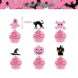 Halloween Birthday Party Decorations with Happy Birthday Halloween Banner, Halloween Birthday Pink Backdrop, Halloween Cake Cupcake Topper and Balloons for Kids Girls Halloween First Birthday