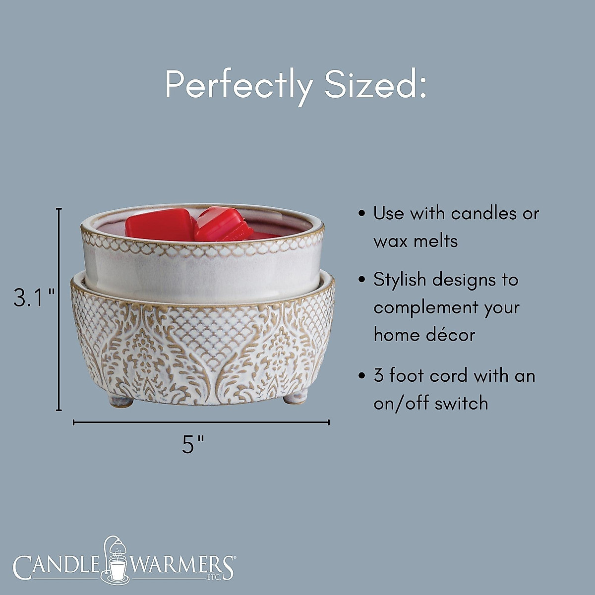 CANDLE WARMERS ETC 2-in-1 Candle and Fragrance Warmer for Warming Scented Candles or Wax Melts and Tarts with to Freshen Room, Vintage White Lace