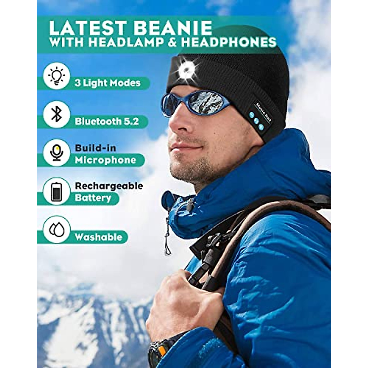 Bluetooth Beanie Hat with Light 2 Pack, 5 LED Rechargeable Headlamp Cap with Wireless Headphones, Unisex Knitted Bluetooth Hat, Women Men Gift Stocking Stuffers for Dad Father Husband (Black&Grey)