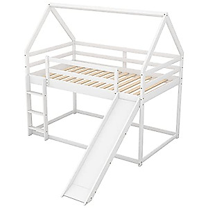 House Shape Bunk Bed with Slide and Ladder, Twin Over Twin Low Wooden Bed Frame with Guardrails for Teens Girls Boys, White (White)