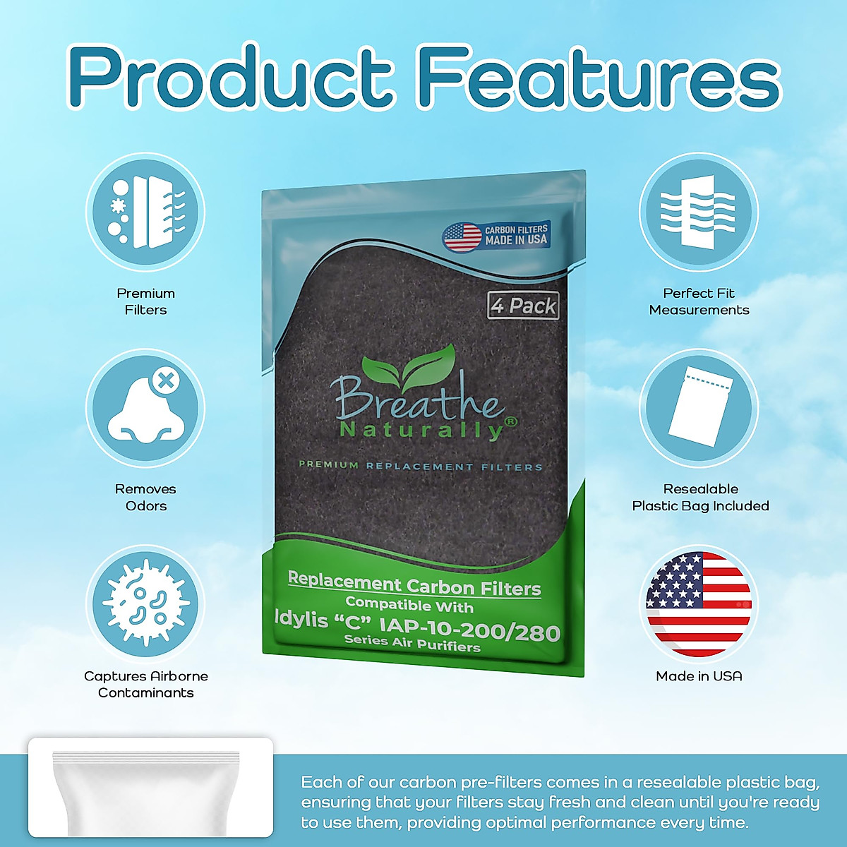 Breathe Naturally - Extra Thick Replacement Carbon Pre-Filters Compatible with Idylis "C" IAP-10-200 Series - Premium Air Purification - Ideal for Home & Office Use - (4 pack, Carbon Filters)