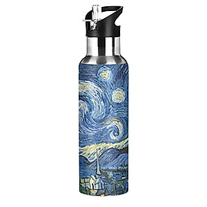 Qilmy Starry Night Sport Water Bottle with Straw Lid Double Wall Vacuum Insulated Flask Stainless Steel Water Bottle 20 oz