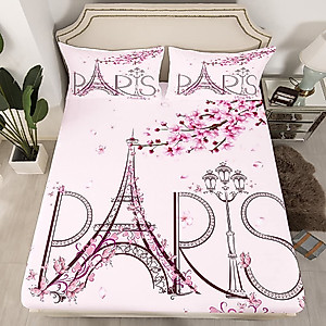 Eiffel Tower Sheet Set Twin,Peach Blossom Pink Bedding Set for Kids Teens Girls Boys,Paris Cityscape Romantic Theme Bed Sheet Set 3pcs with Deep Pocket Fitted Sheet + Flat Sheet + 1 Pillowcase