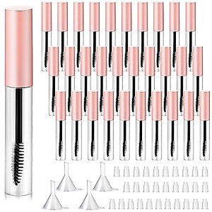 30 Pieces 10 ml Empty Mascara Tubes Eyelash Wand Refillable Clear Bottles Cream Container with 4 Pieces Transparent Funnels Transferring Castor Oil for DIY Cosmetics (Pink)
