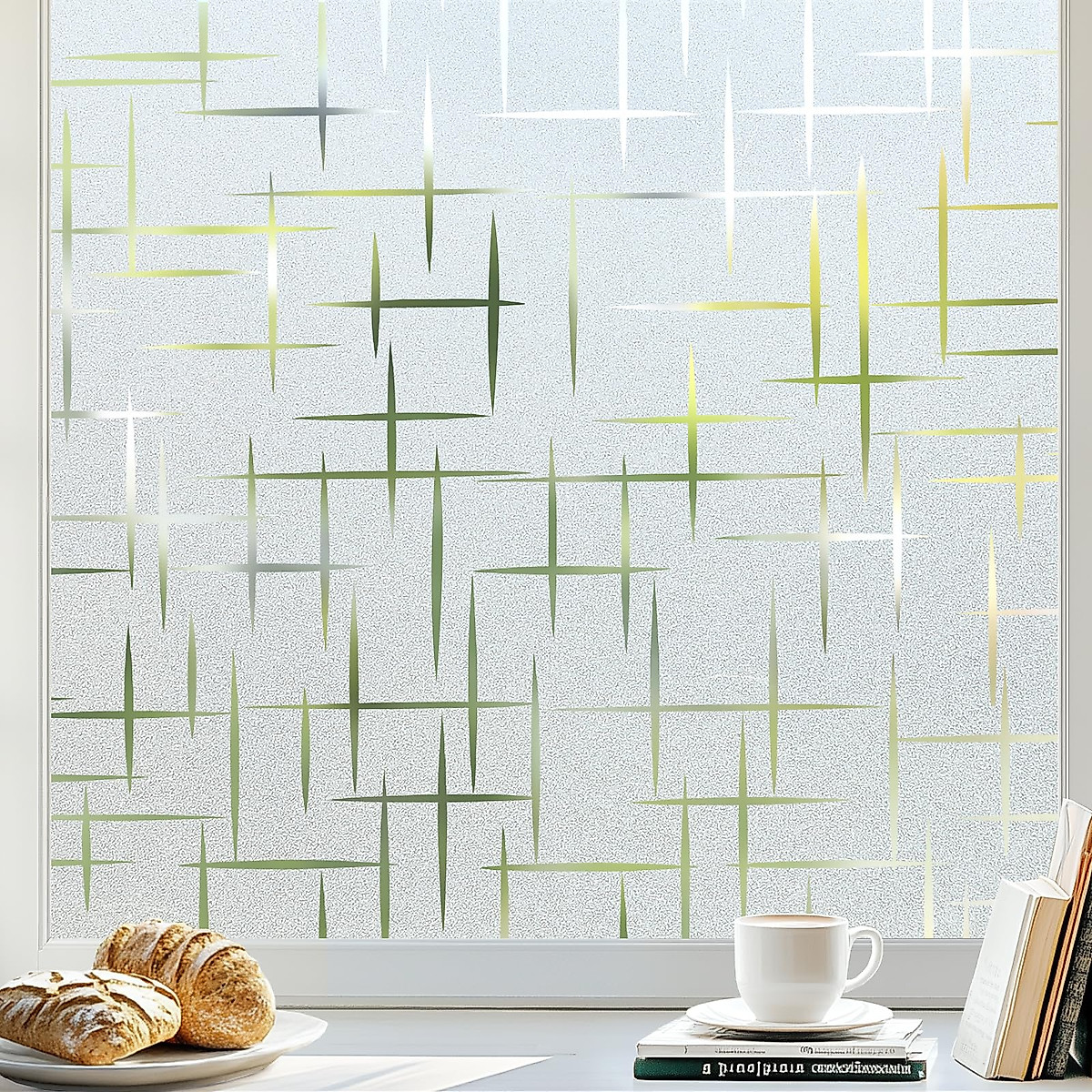 rabbitgoo Window Privacy Film Frosted Glass Window Film, Decorative Privacy Cling, UV Blocking Staic Cling Bathroom Glass Frosting Sticker, Non-Adhesive Front Door Cover, Cross Pattern, 11.8" x 78.7"