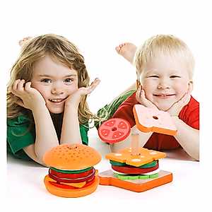 eamve Montessori Toys for Toddlers,Wooden Burger Sandwich Sorting & Stacking Toys for Toddlers and Kids Preschool,Burger Sandwitch Wooden Preschool Educational Toys for Gift 3,4,5 Years Old(2 Sets)