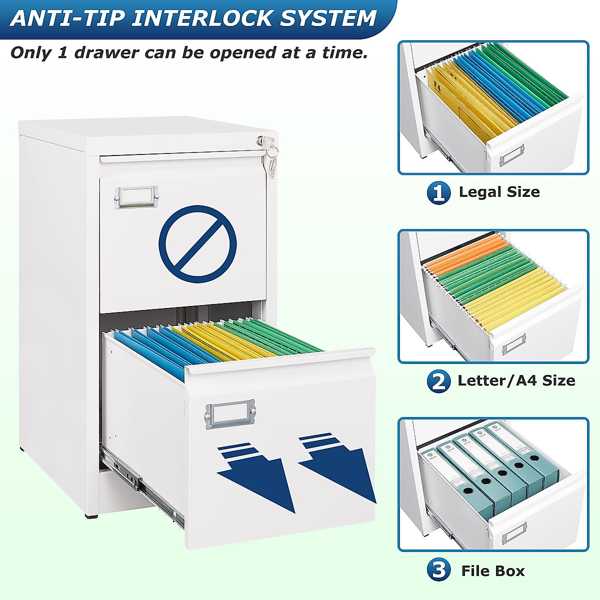 AFAIF 2 Drawer File Cabinet with Lock, Cabinets for Home Office,18/'' Deep Vertical Metal White Office Storage Organizer Letter/Legal / A4 F4 Size, and Folders, 2 Drawer-white