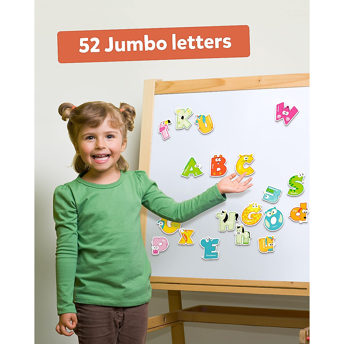 Coogam Jumbo Magnetic Letters Set 52Pcs ABC Alphabet Colorful A-Z Animal Uppercase Lowercase Fridge Magnets Preschool Educational Toy Learning Spelling for 3 4 5 Year Old Toddler Kids