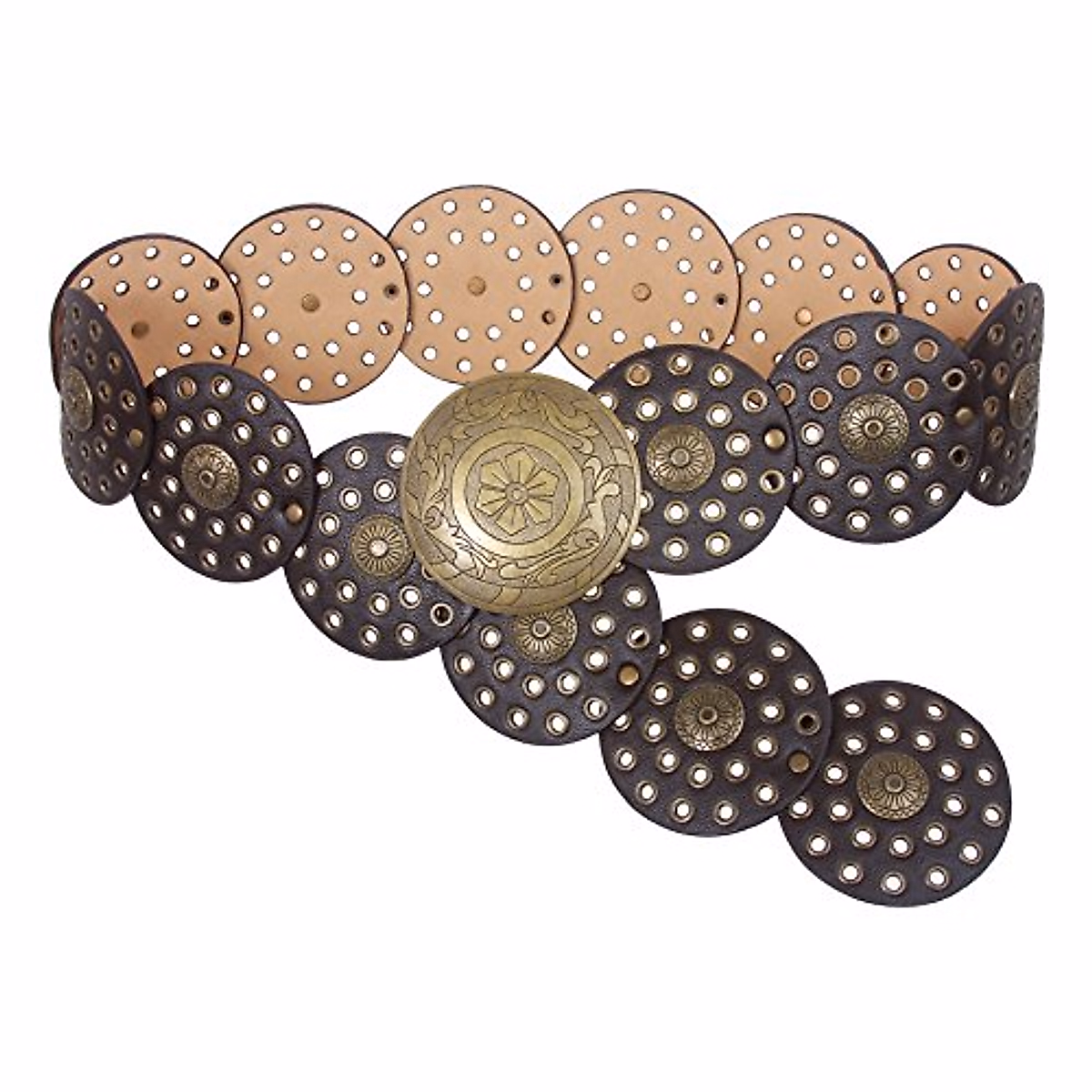3 1/2" (90 mm) Wide Ladies Wide Boho Disc Concho Leather Belt, Dark Brown | S - 39 END-TO-END
