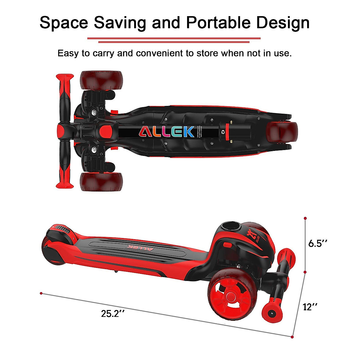 Allek 2-in-1 Kids Kick Scooter D01, Anti Skid 3 Wheel Light Up Push Scooter with Height Adjustable and Removable Seat for Boys Girls 3-12yrs (Dual Color Red-Black)