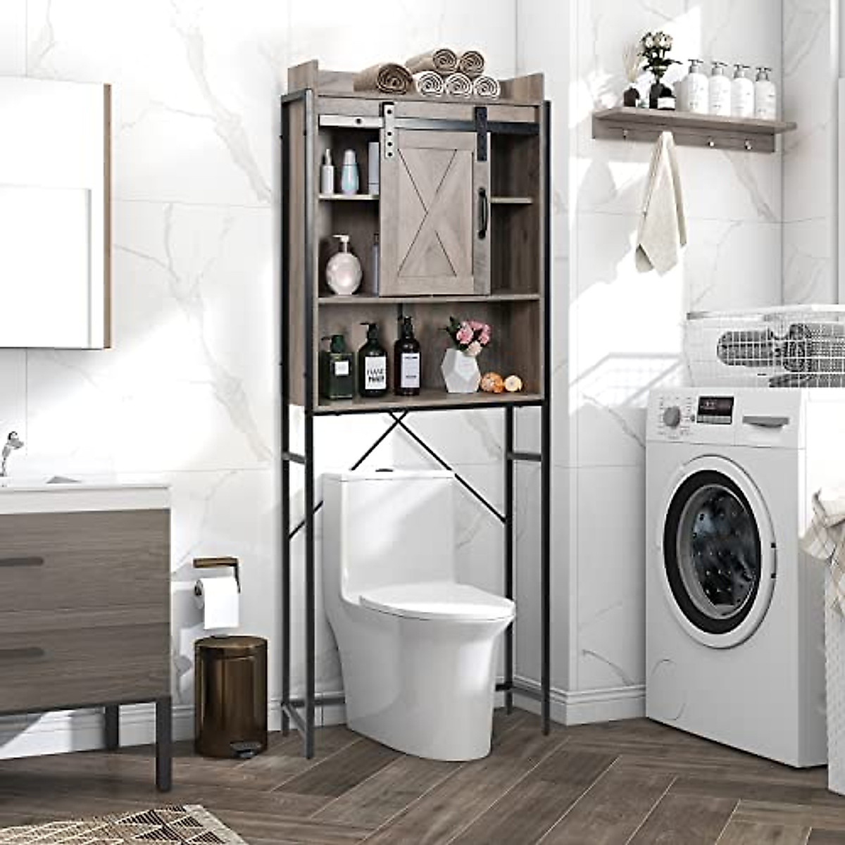 Puluomis Over The Toilet Storage Cabinet - 4-Tier Bathroom Organizer Over The Toilet with 3 Positions Adjustable Shelf Shelves - Over The Toilet Bathroom Rack with Sliding Door