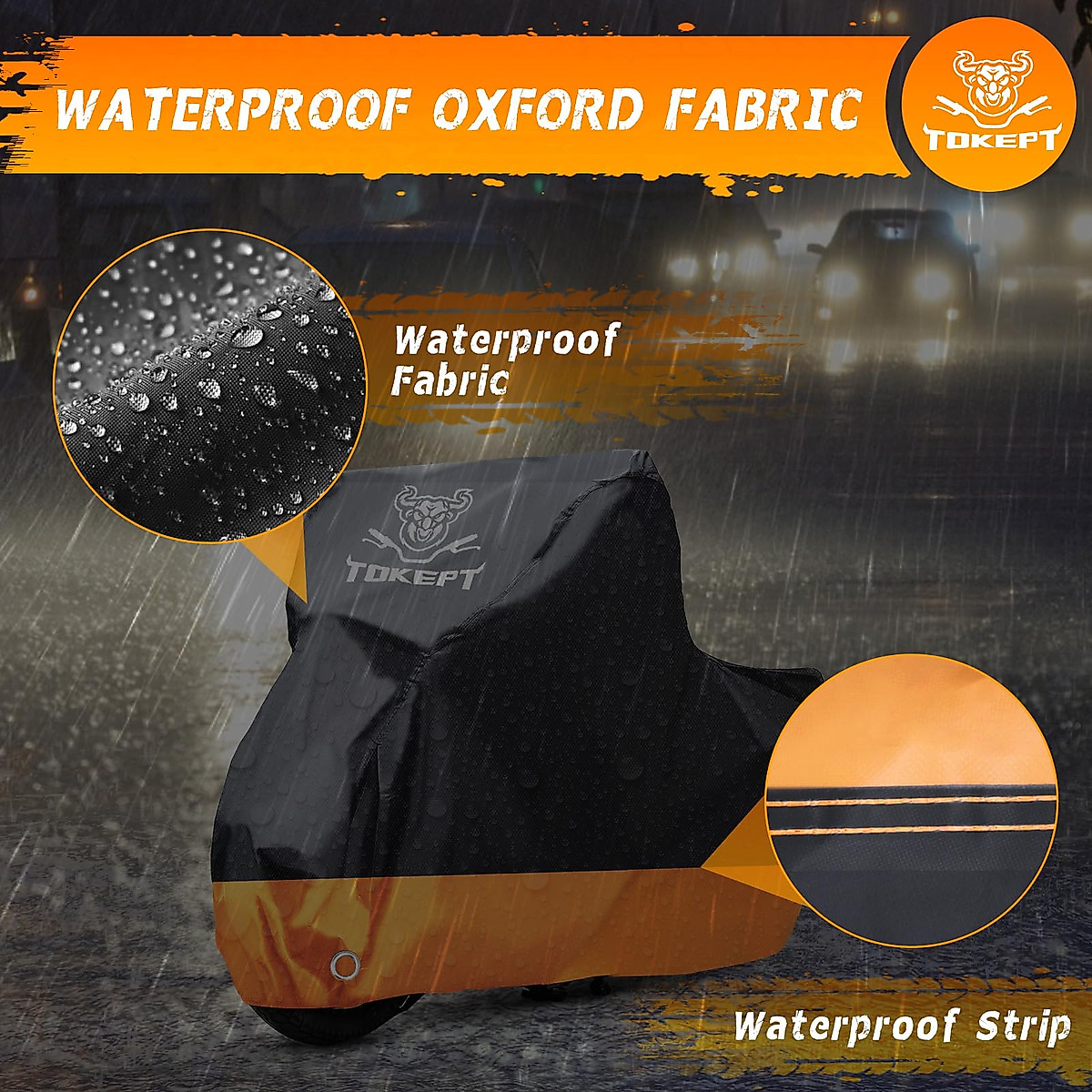 Tokept Motorcycle Cover, All-Season Waterproof Outdoor Sun Protection Fit up to 91 Inch Harley-Davidson Honda Suzuki Kawasaki Yamaha (L Black&Orange)