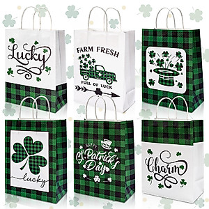AnyDesign St. Patrick's Day Paper Bags with Handle Green Black Buffalo Plaids Shamrock Truck Gift Bags Lucky Charm Party Favor bags for Irish Holiday, 12Pcs, 5.9 x 8.3 x 3.1 Inch